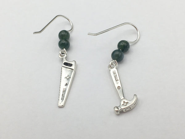 Sterling silver Tool dangle Earrings-Hammer, hand Saw-builder, wood,co ...