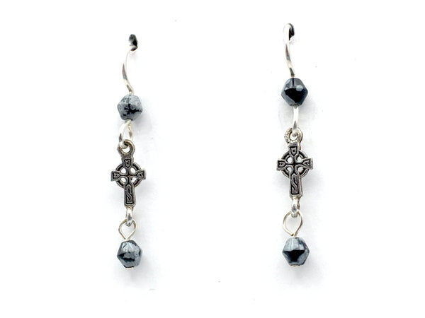 Sterling silver small long Celtic cross dangle earrings-snowflake obsi ...