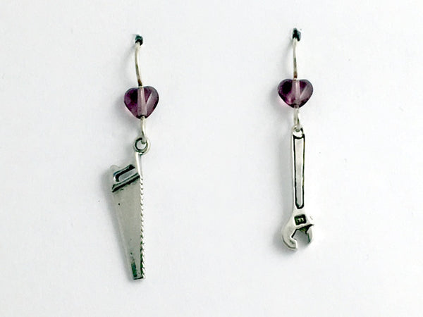 Sterling silver Tool dangle Earrings-Wrench, hand Saw-builder, DIY,con ...