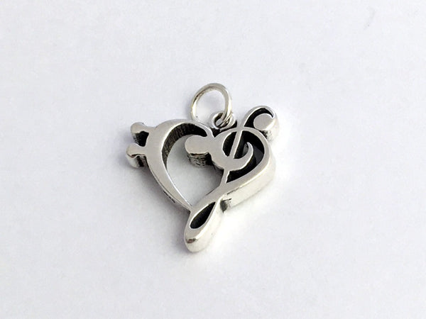 Sterling Silver Treble and bass clef heart charm or pendant, music, ba ...